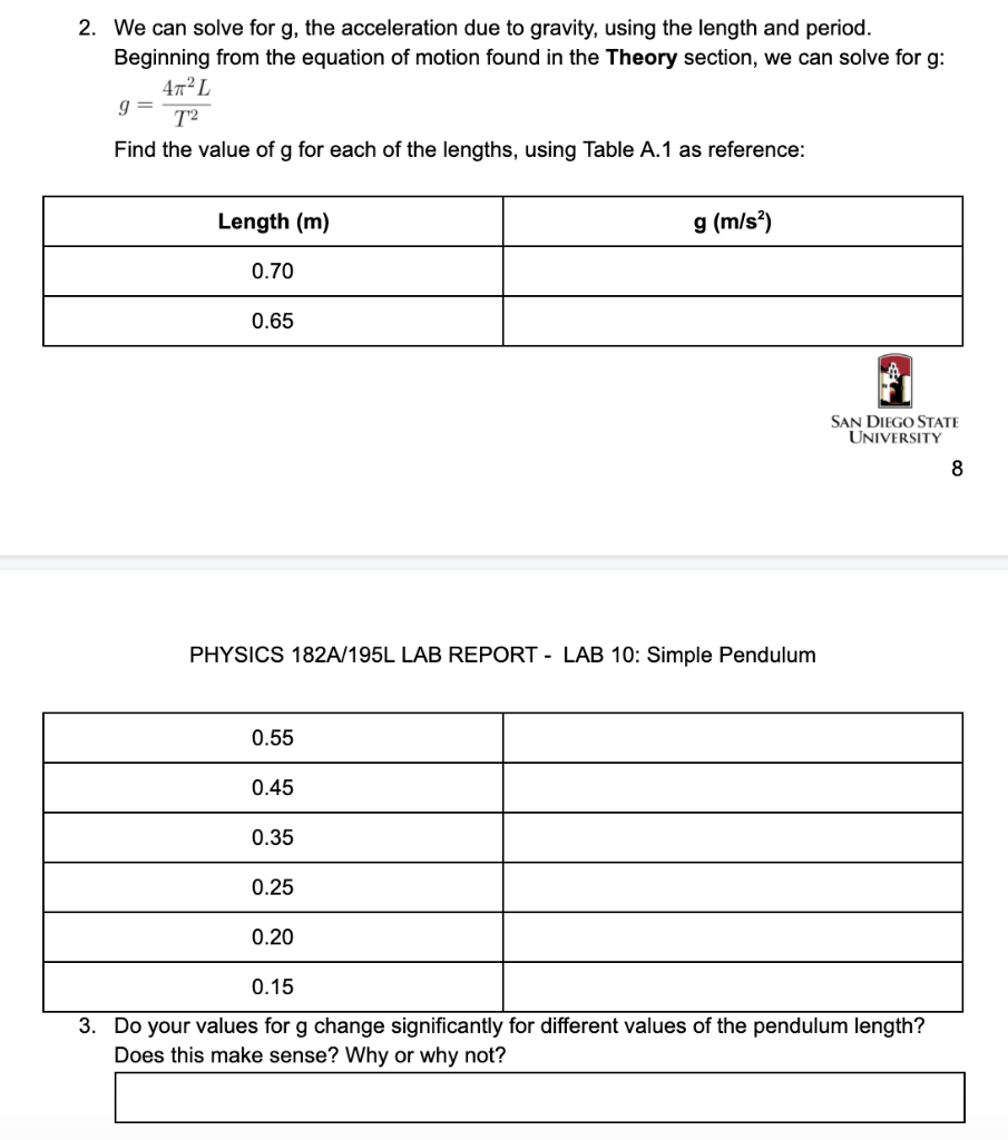 Data Table A.1: Period and Varying Length Length (m) | Chegg.com