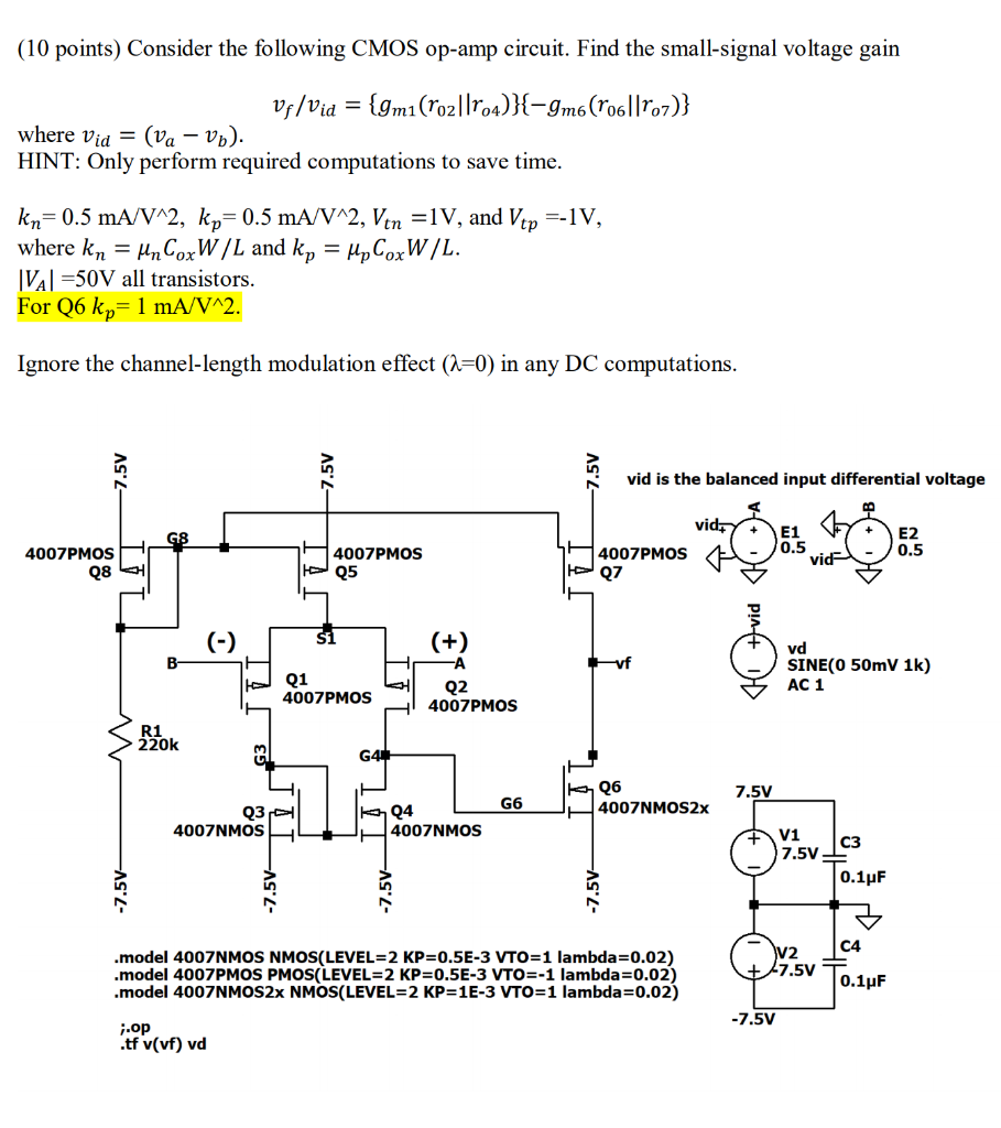Solved (10 points) Consider the following CMOS op-amp | Chegg.com