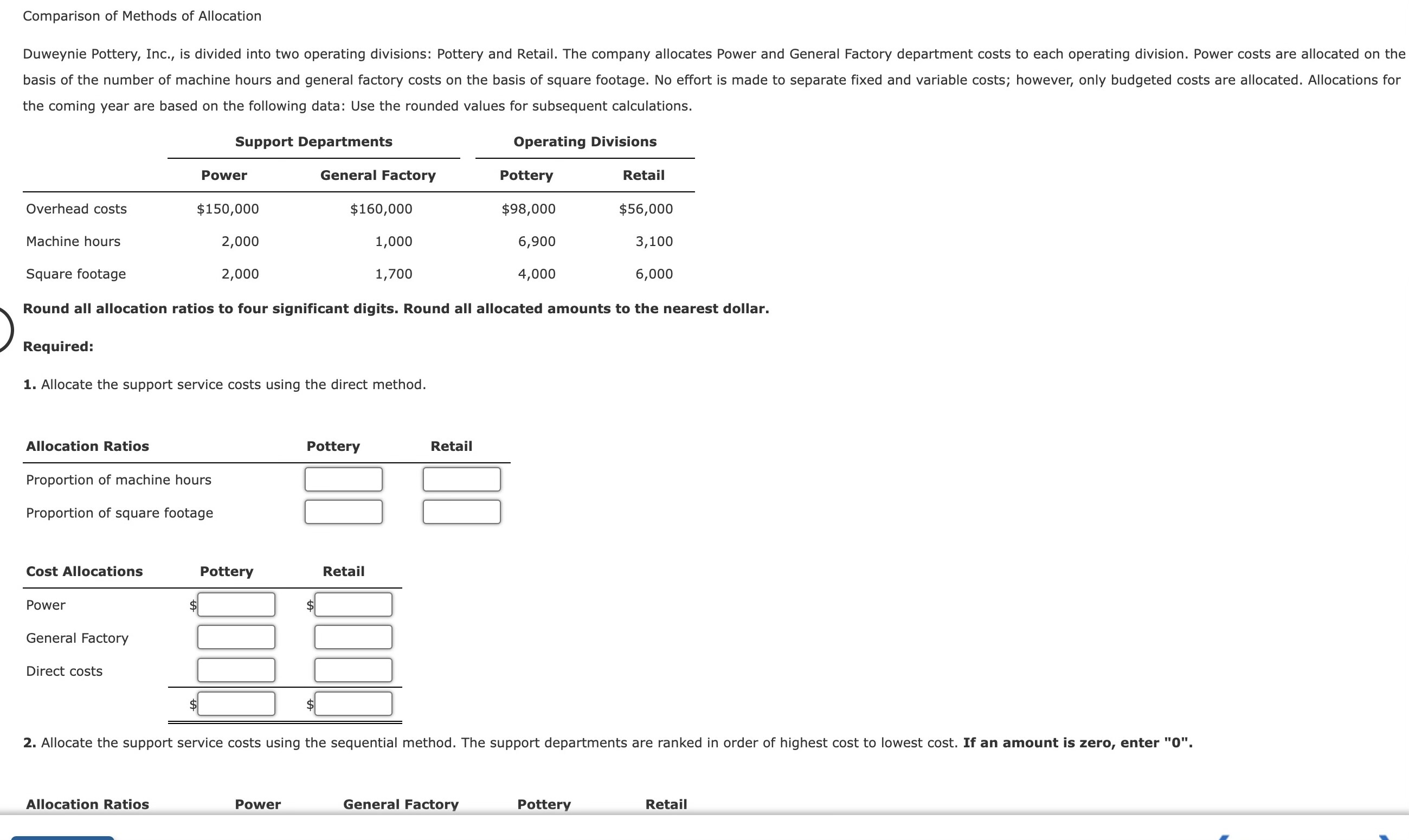 Comparison of Methods of Allocationthe coming year | Chegg.com
