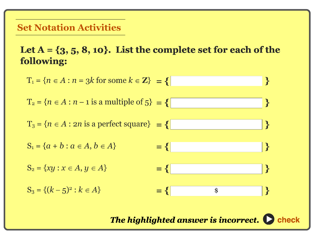Solved Set Notation Activities Let A = {3, 5, 8, 10}. List | Chegg.com