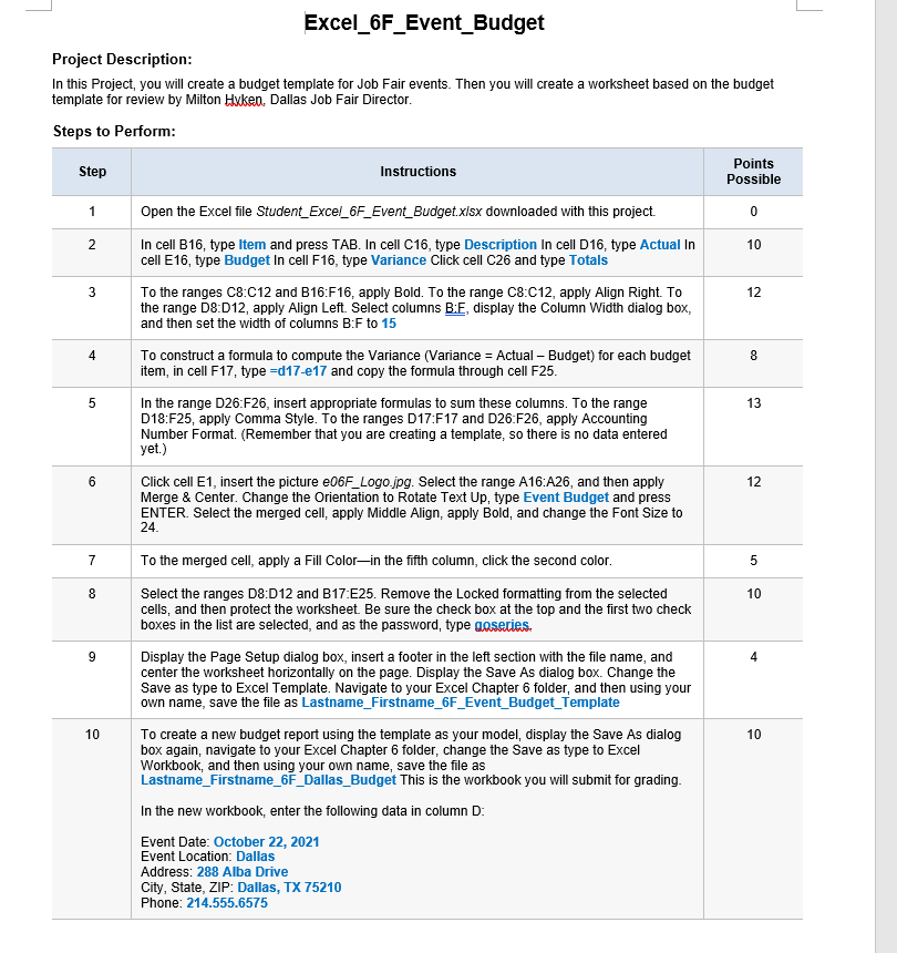 Solved Excel_6F_Event_Budget Project Description: In this | Chegg.com