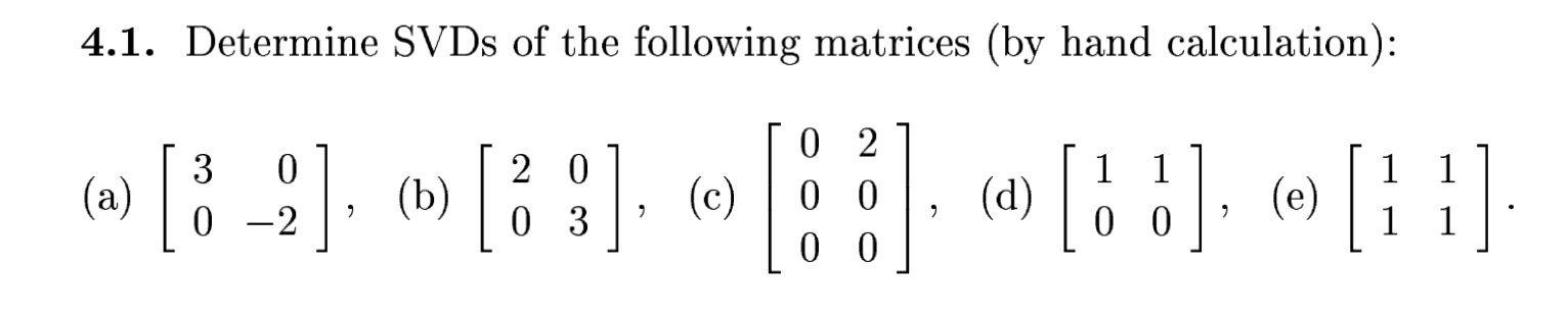 Solved 4.1. Determine SVDs of the following matrices (by | Chegg.com