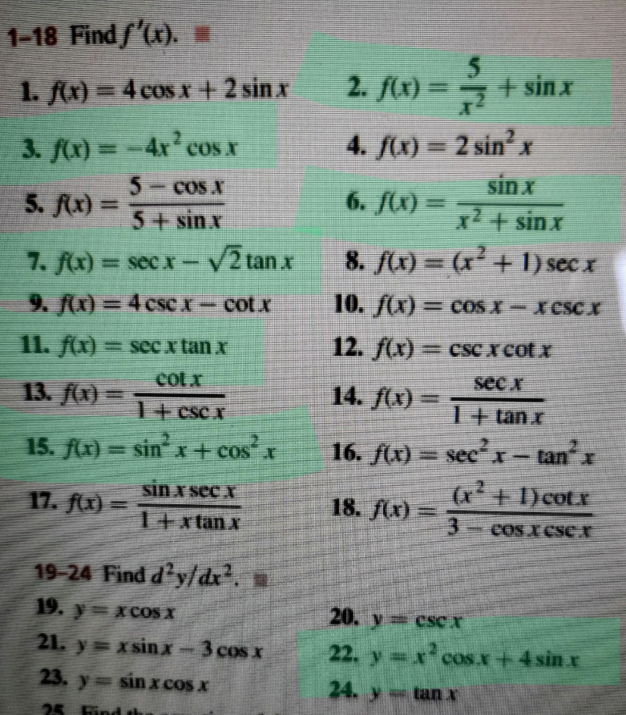 Solved 1-18 Find :'(x). 1. f(x) = 4cos x + 2 sin x 2. f) = + | Chegg.com