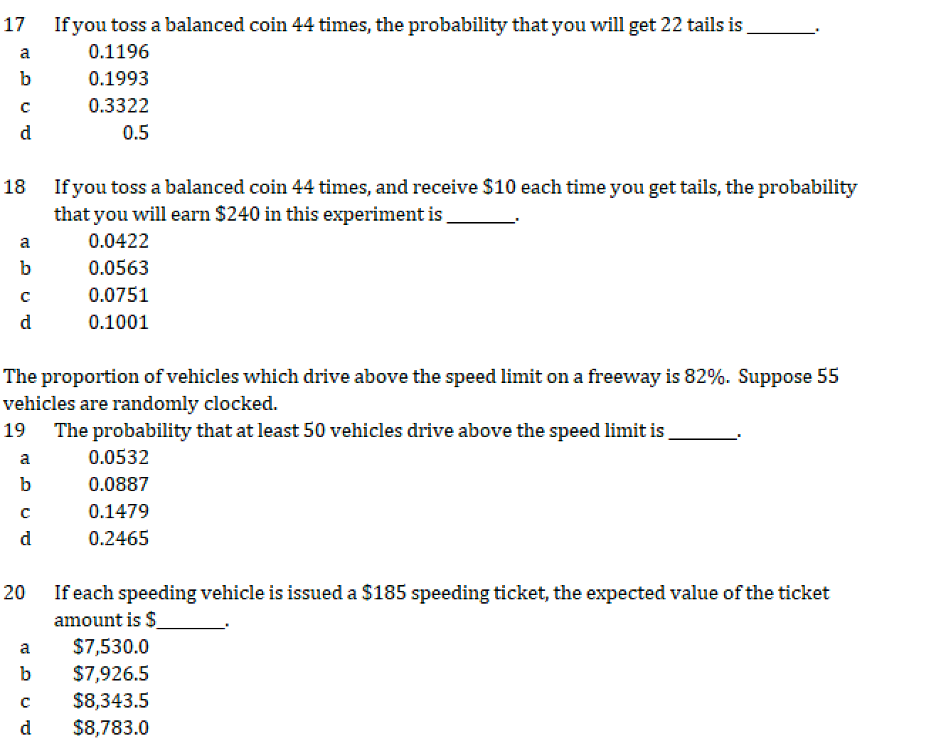 Solved 17 a b c d If you toss a balanced coin 44 times, | Chegg.com