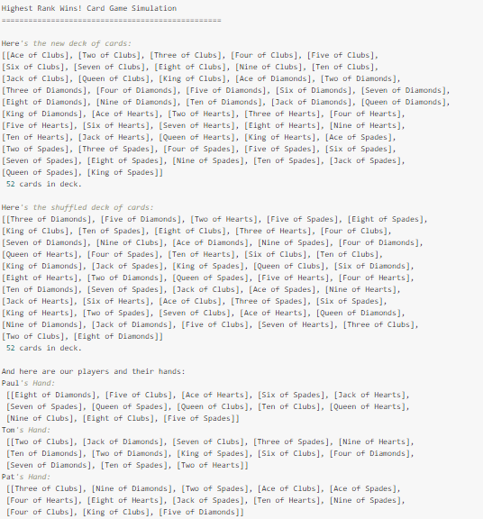 Solved Highest Rank Card Game Simulation Here is the | Chegg.com