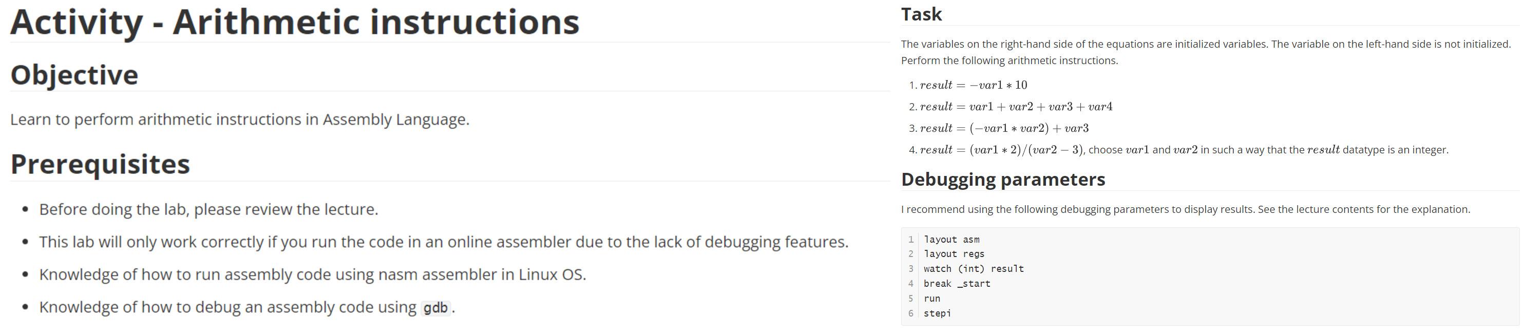 Solved Activity - Arithmetic instructions The variables on | Chegg.com
