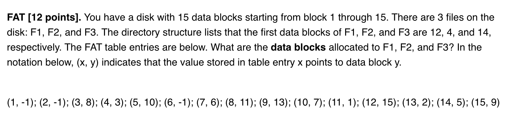 Solved FAT [12 points]. You have a disk with 15 data blocks | Chegg.com