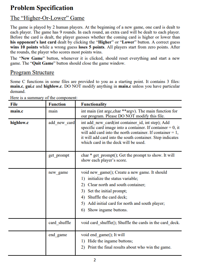 Problem Specification The "Higher-Or-Lower" Game The | Chegg.com