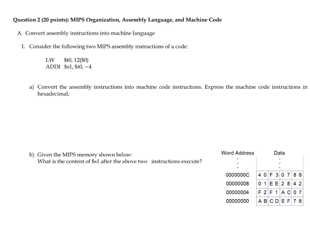 Solved Question 2 (20 points): MIPS Organization, Assembly | Chegg.com