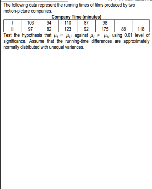 Solved The following data represent the running times of | Chegg.com