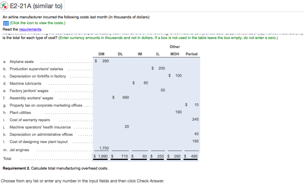 Solved (%) E2-21A (similar to) An airline manufacturer | Chegg.com