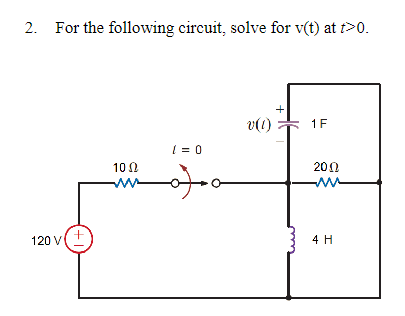 Solved 2. For the following circuit, solve for v(t) at t>0. | Chegg.com