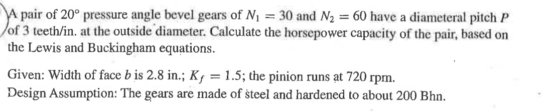 Solved A pair of 20° pressure angle bevel gears of Ni = 30 | Chegg.com