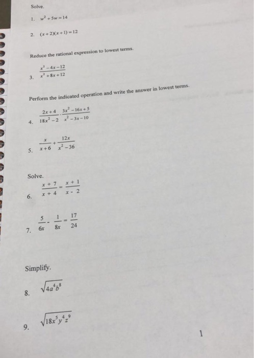 Solved Solve. 1 w2+5w 14 2. (x+ 2xx+1)-12 Reduce the | Chegg.com