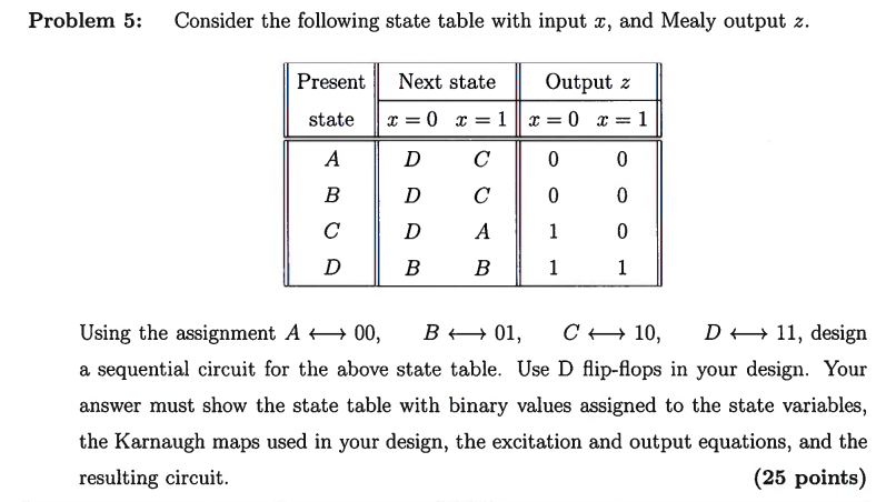 Solved Help!!Problem 5: Consider the following state table | Chegg.com