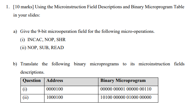 1. [10 marks] Using the Microinstruction Field | Chegg.com