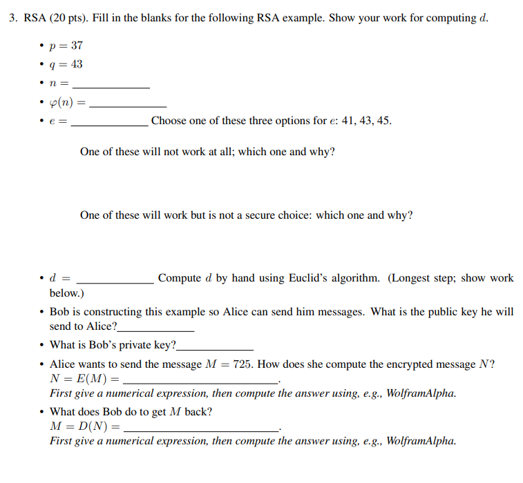 Solved 3. RSA ( 20 pts). Fill in the blanks for the | Chegg.com