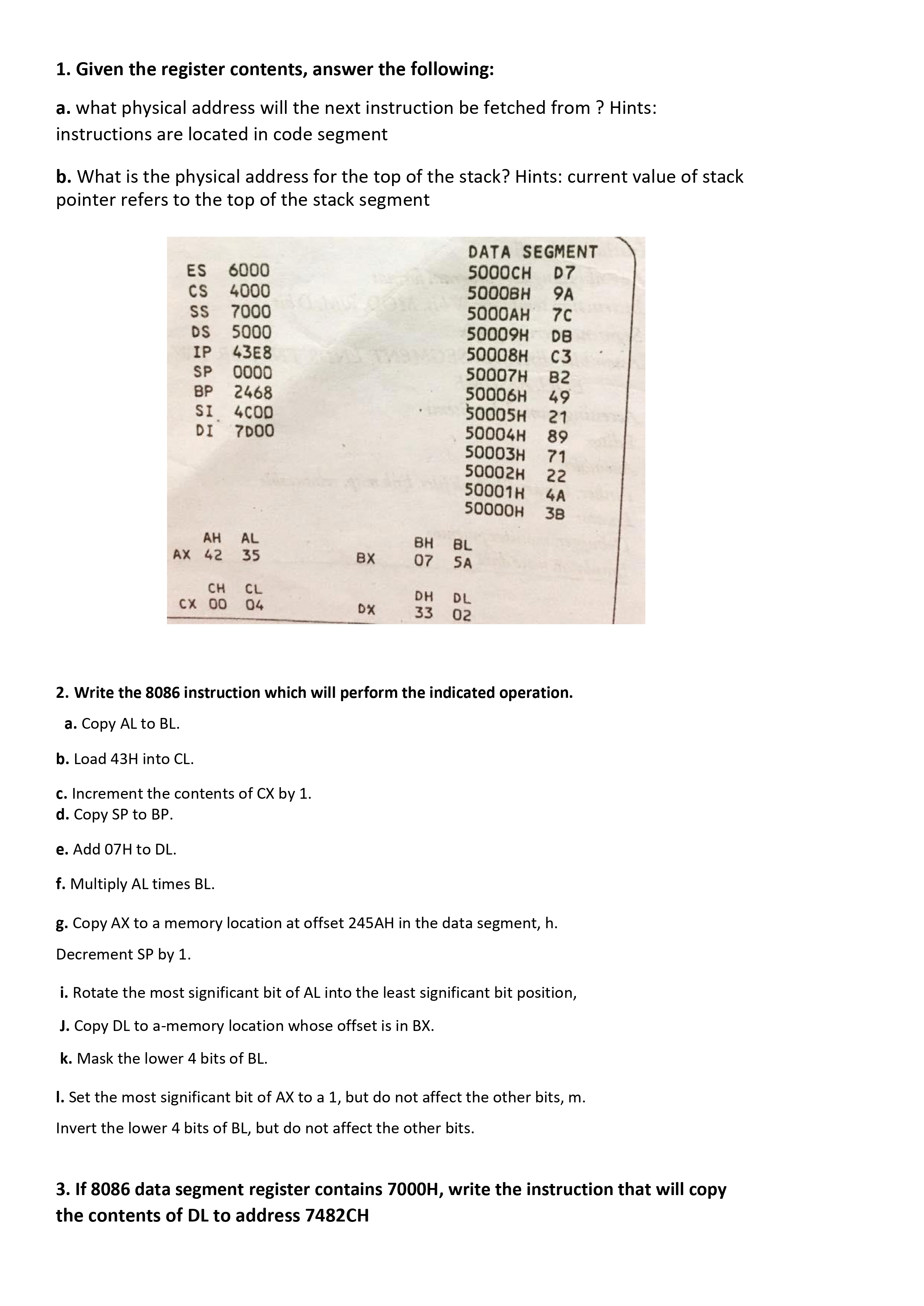 Solved 1. Given the register contents, answer the following: | Chegg.com