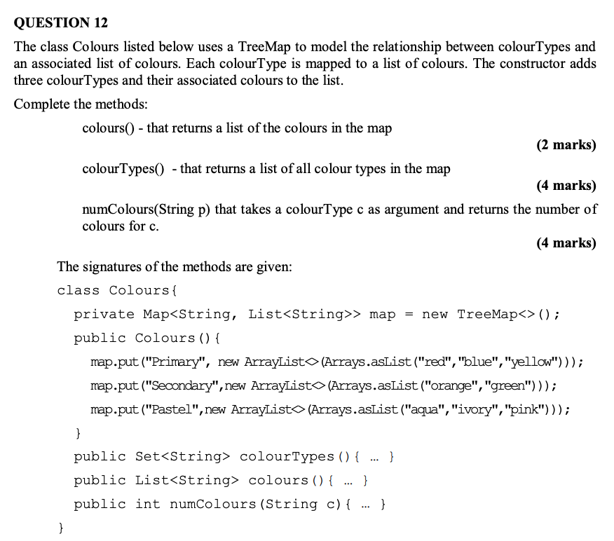 Solved QUESTION 12 The class Colours listed below uses a | Chegg.com