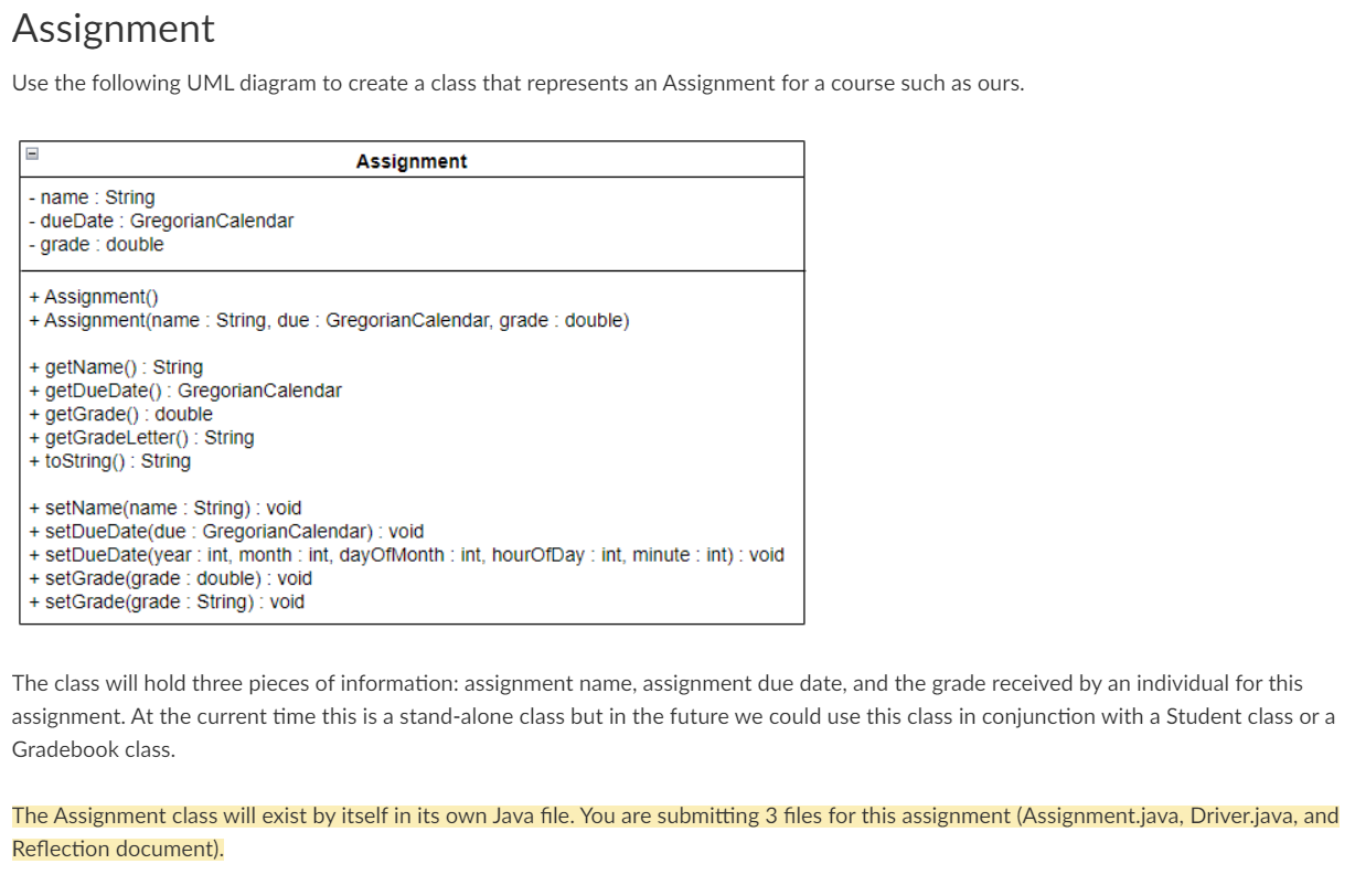 Solved Assignment Use the following UML diagram to create a | Chegg.com