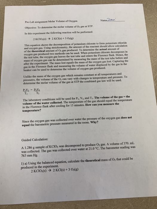 Solved Pre-Lab assignment Molar Volume of Oxygen Objective: | Chegg.com