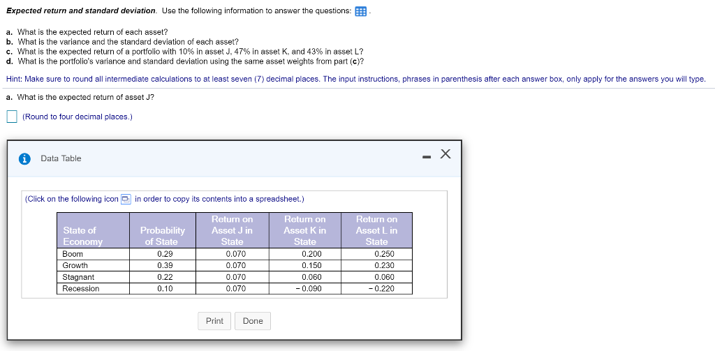Solved Expected return and standard deviation. Use the | Chegg.com
