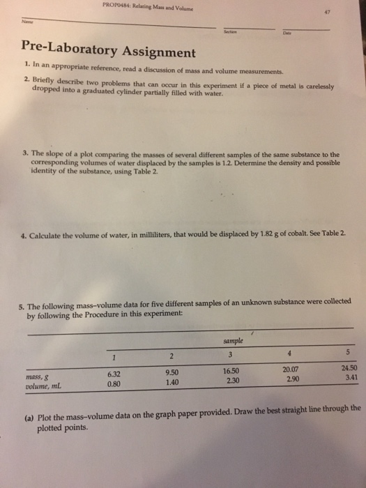 Solved PROPO484: Relating Mass and volume Data Sheet | Chegg.com