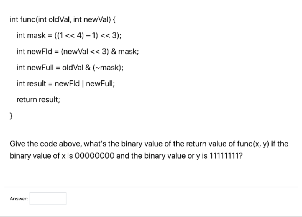 Solved int func(int oldVal, int new Val) { int mask = ((1