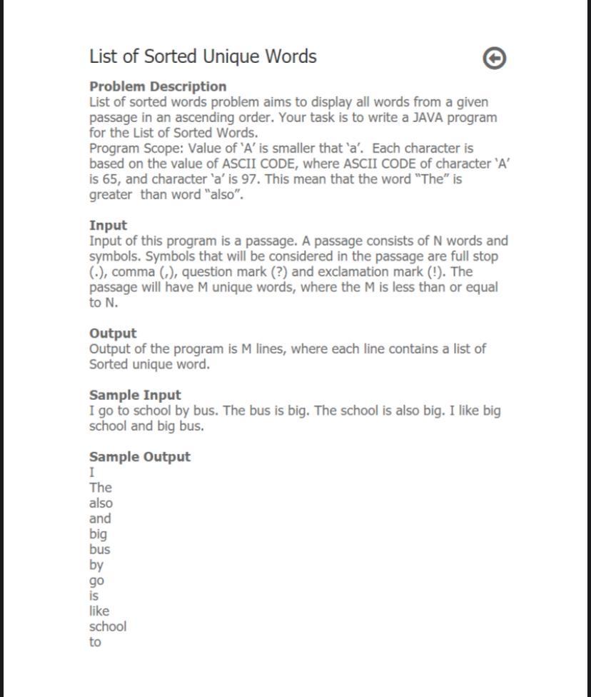 Solved List of Sorted Unique Words Problem Description List | Chegg.com