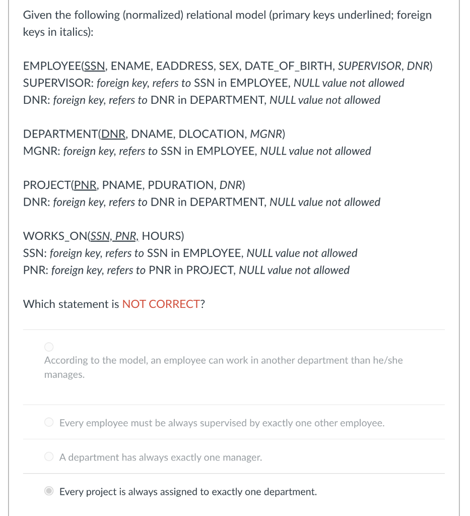 Solved Given the following (normalized) relational model | Chegg.com