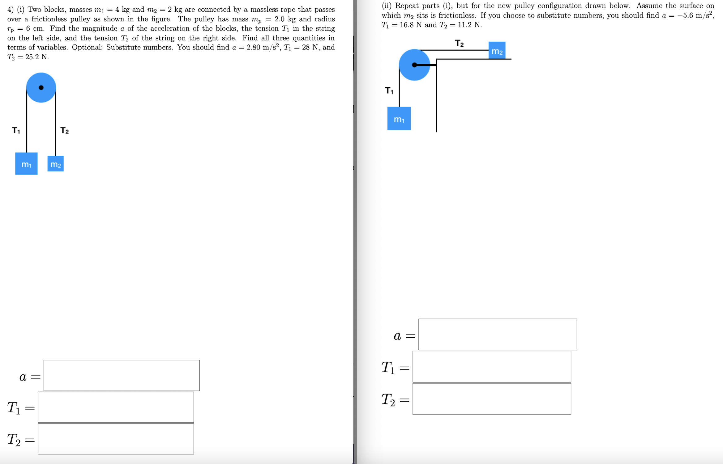 Solved (i) ﻿Two blocks, masses m1 = 4 kg ﻿and m2 = 2 kg ﻿are | Chegg.com