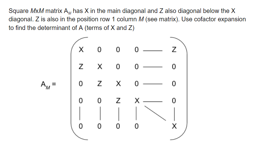 Solved Square MXM matrix A has X in the main diagonal and Z | Chegg.com