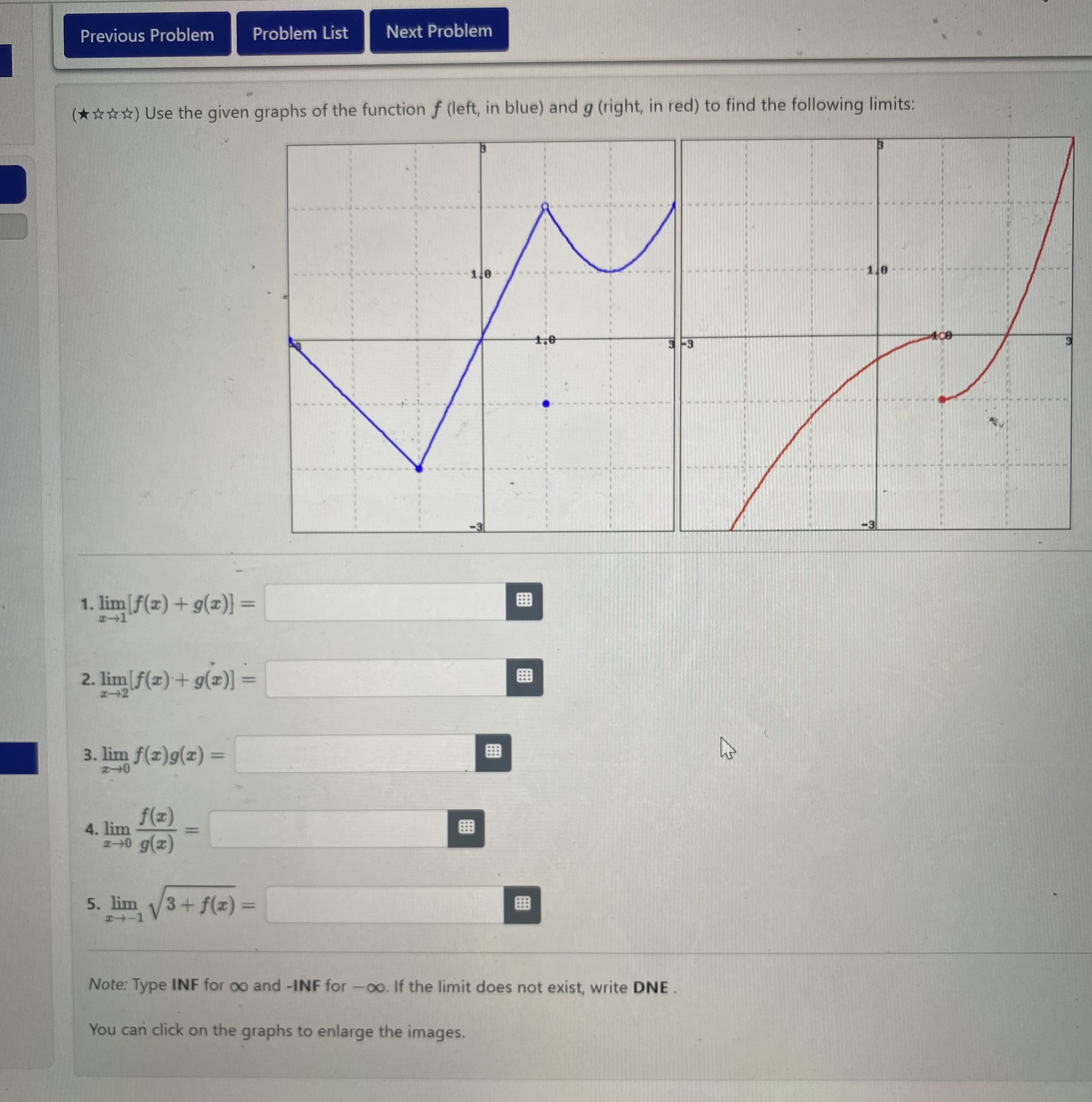 Solved 1. limx→1[f(x)+g(x)]= 2. limx→2[f(x)+g(x)]= 3. | Chegg.com