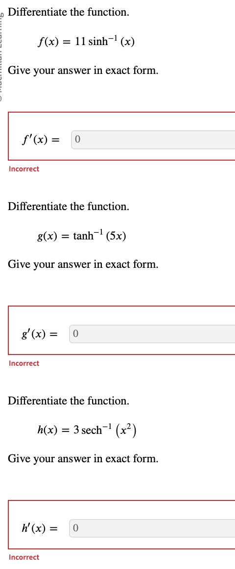 Solved Differentiate the function. f(x)=11sinh−1(x) Give | Chegg.com