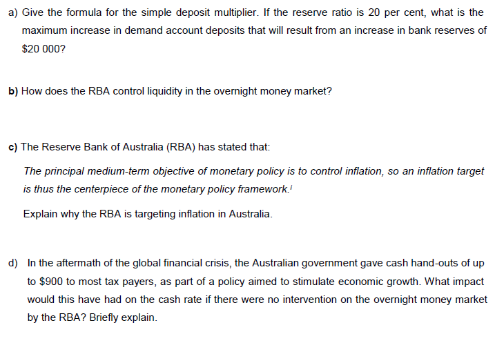 Solved a) Give the formula for the simple deposit | Chegg.com