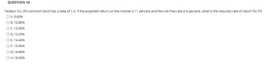 Solved QUESTION 10Pasteur Inc. (PI) ﻿common stock has a beta | Chegg.com