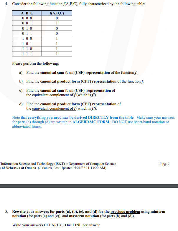 Solved 4. Consider the following function f( A, B,C), fully | Chegg.com