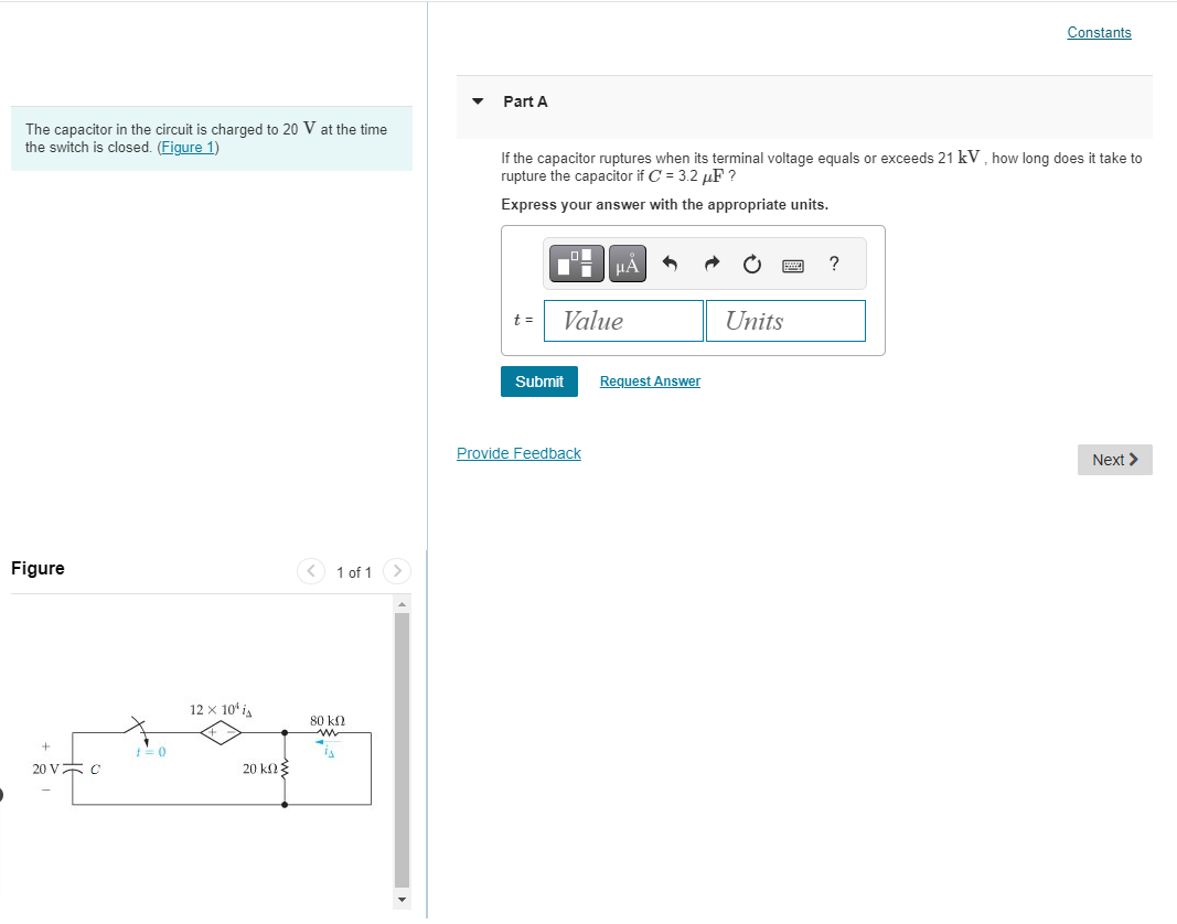Solved Part AThe capacitor in the circuit is charged to 20V | Chegg.com