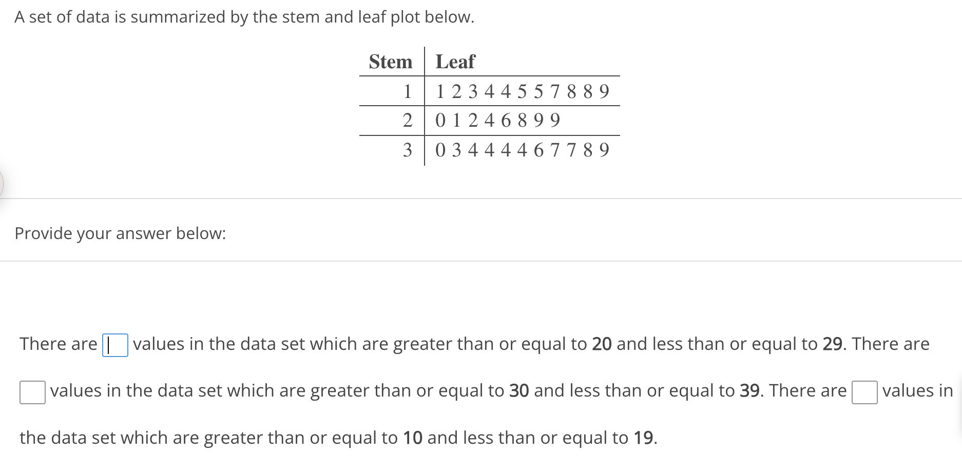 Solved A set of data is summarized by the stem and leaf plot | Chegg.com