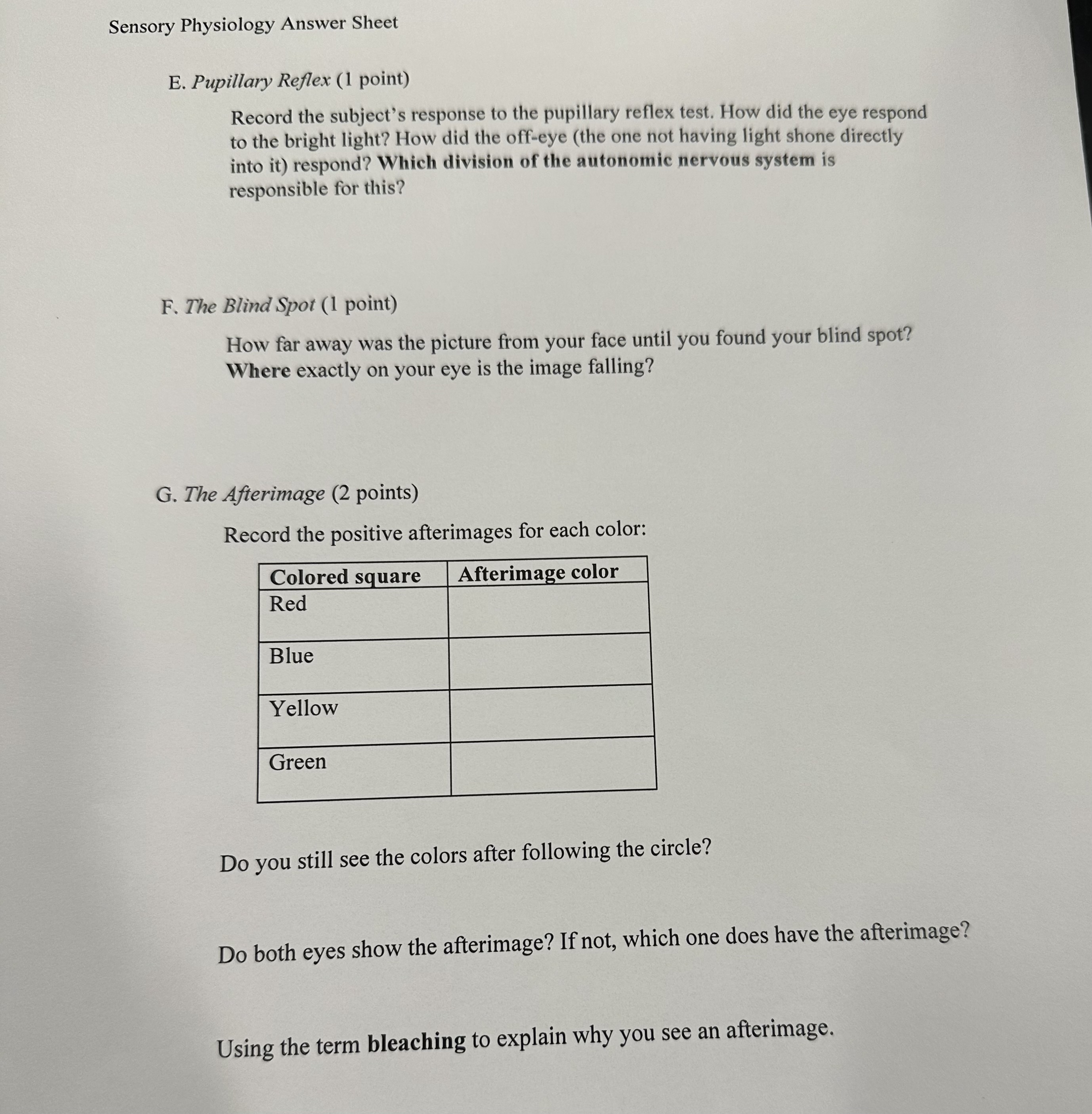 Solved E. Pupillary Reflex (1 point) Record the subject's | Chegg.com
