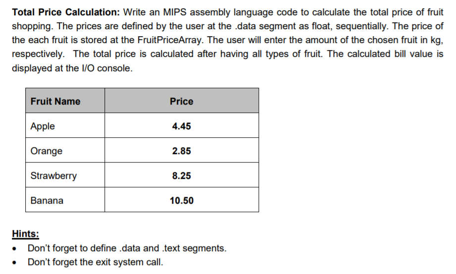 Solved Total Price Calculation: Write an MIPS assembly | Chegg.com