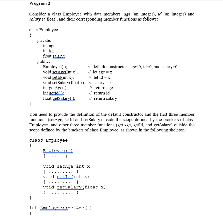 Solved Program 2 Consider a class Employee with data | Chegg.com
