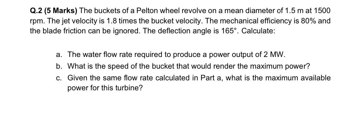 Solved Q.2 (5 Marks) The buckets of a Pelton wheel revolve | Chegg.com