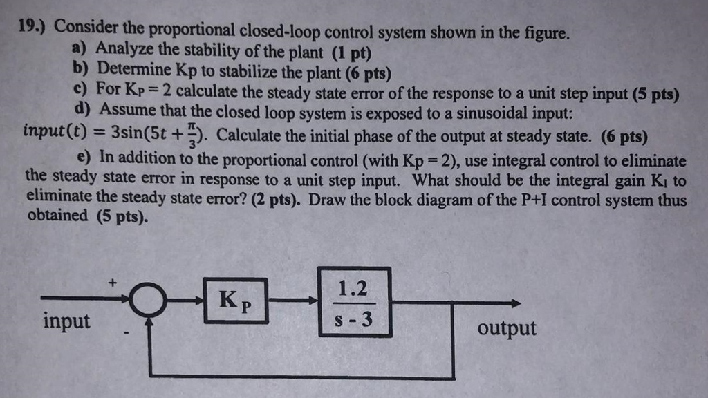 Solved 19.) Consider the proportional closed-loop control | Chegg.com