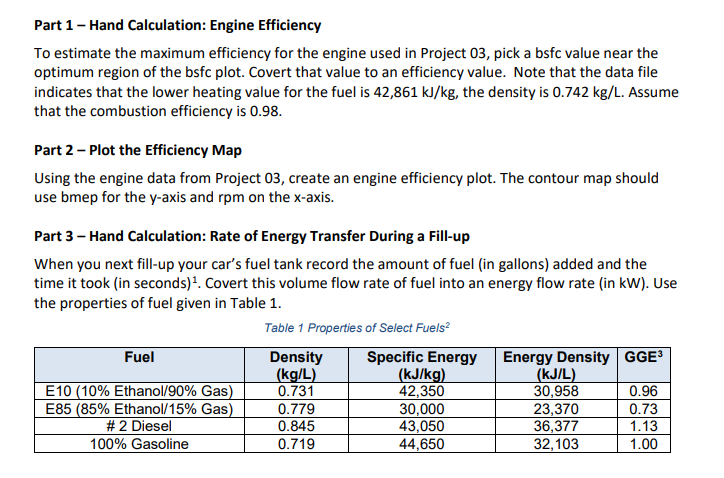 Part 1 - Hand Calculation: Engine Efficiency To | Chegg.com