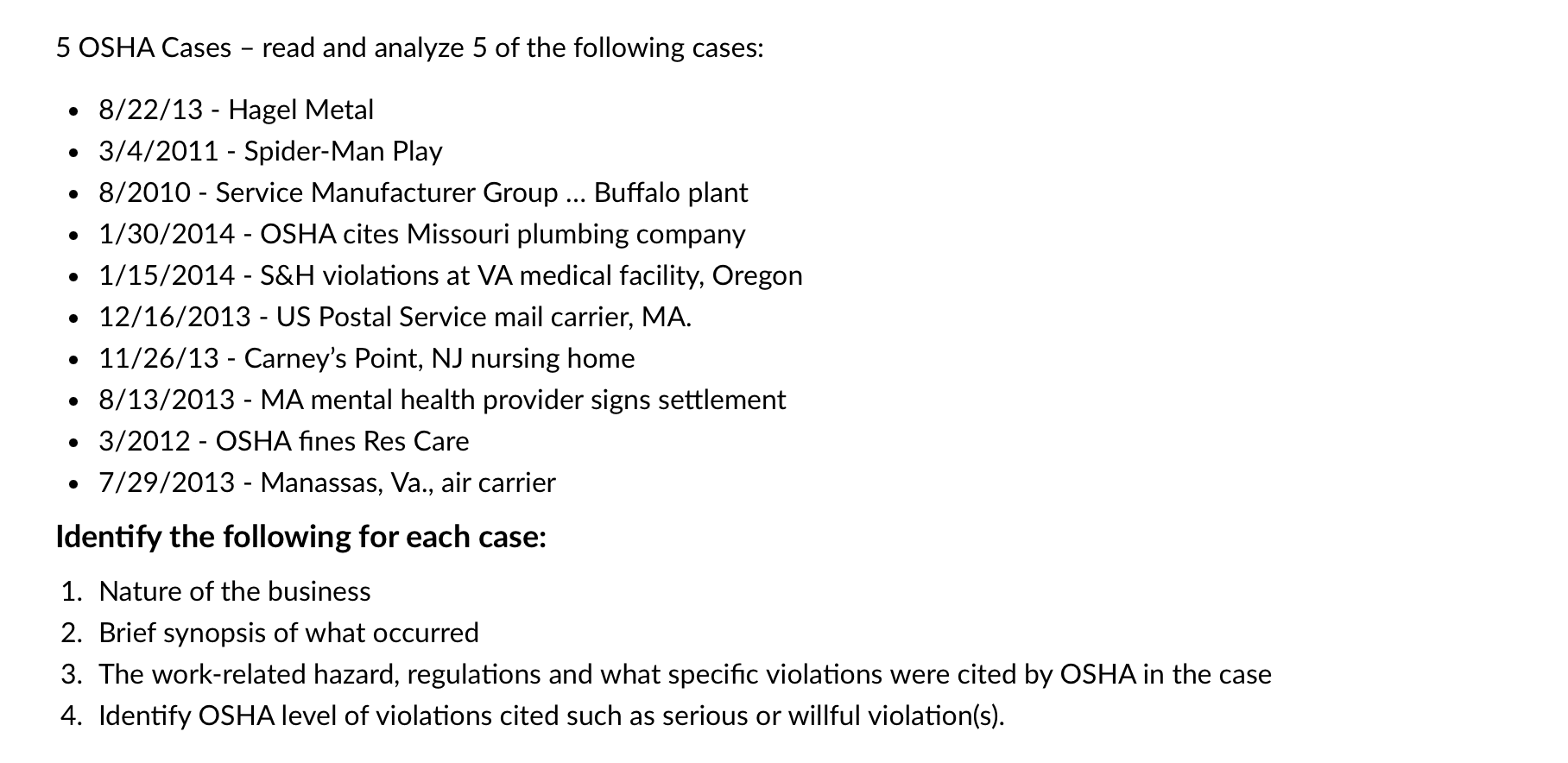 Solved 5 ﻿OSHA Cases - ﻿read and analyze 5 ﻿of the following | Chegg.com