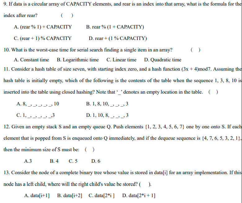 Solved 9. If data is a circular array of CAPACITY elements, | Chegg.com