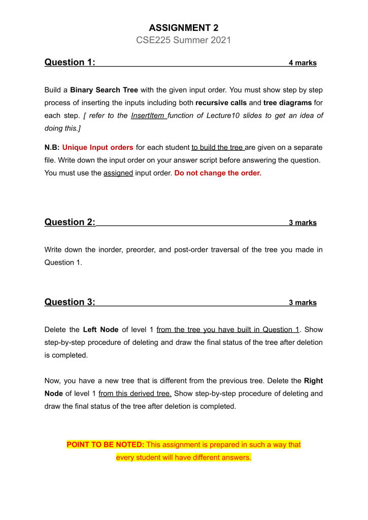 Solved ASSIGNMENT 2 CSE225 Summer 2021 Question 1: 4 marks | Chegg.com