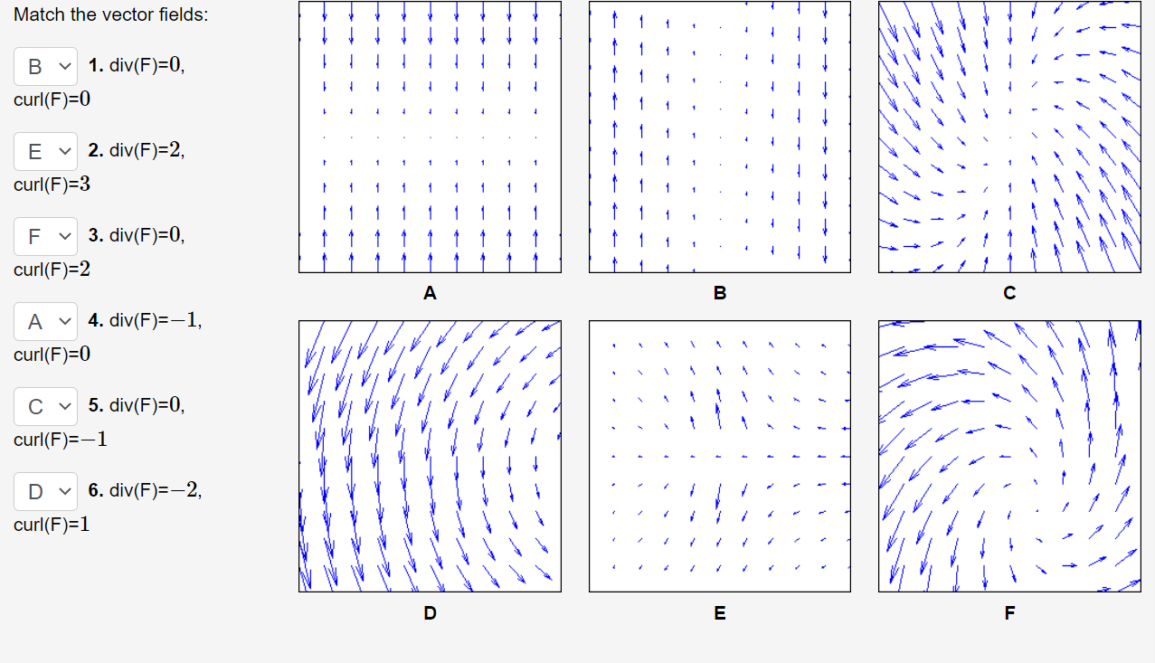 Solved Match the vector fields: 1. div(F)=0, curl(F)=0 2. | Chegg.com