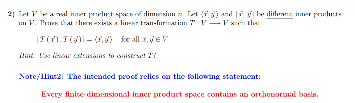 Solved 2) Let V be a real inner product space of dimension | Chegg.com